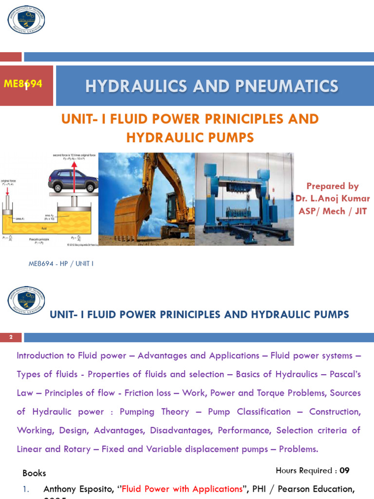 1 Unit - HP - Me8694 - Fluid Power Priniciples and Hydraulic Pumps - R1 | PDF | Pump | Shear Stress