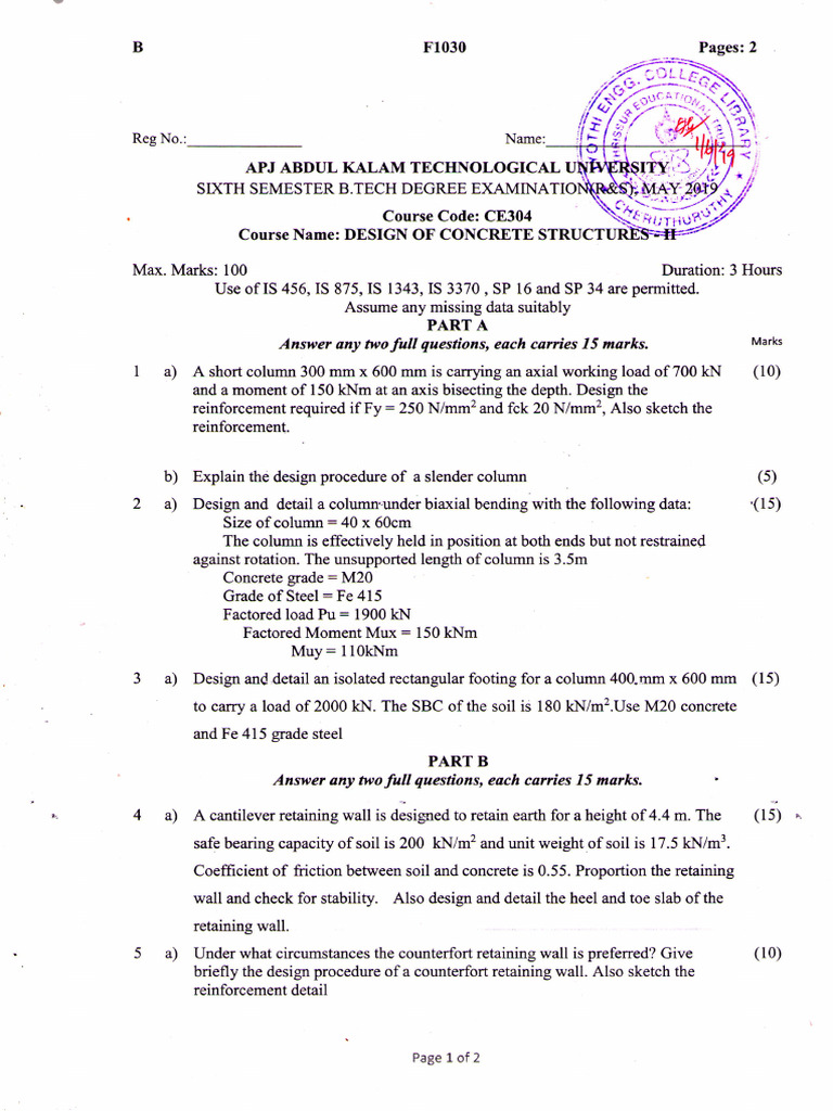 CE304 Design of Concrete Structures- II, May 2019 | PDF | Prestressed ...