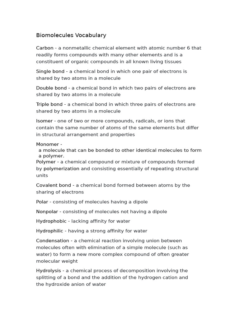 CH6 Biomolecules Vocabulary | PDF | Carbohydrates | Chemical Compounds