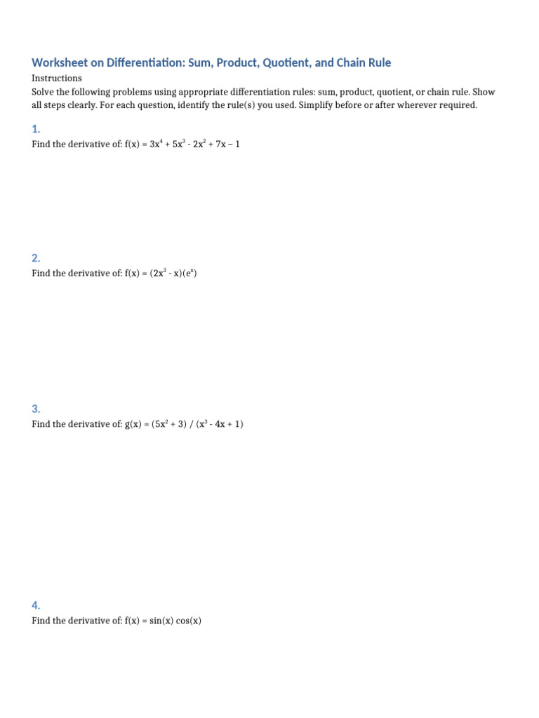 Calculus Differentiation Worksheet 1 | PDF