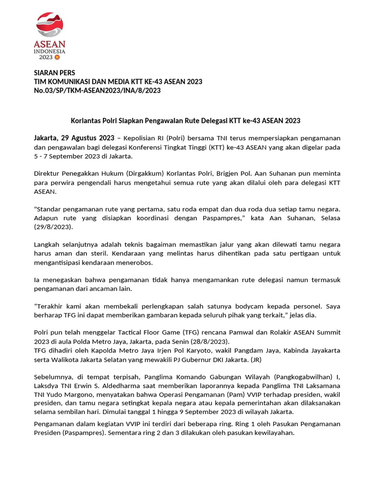 [03-Siaran Pers Asean 2023] - Pengamanan Ktt Asean | PDF