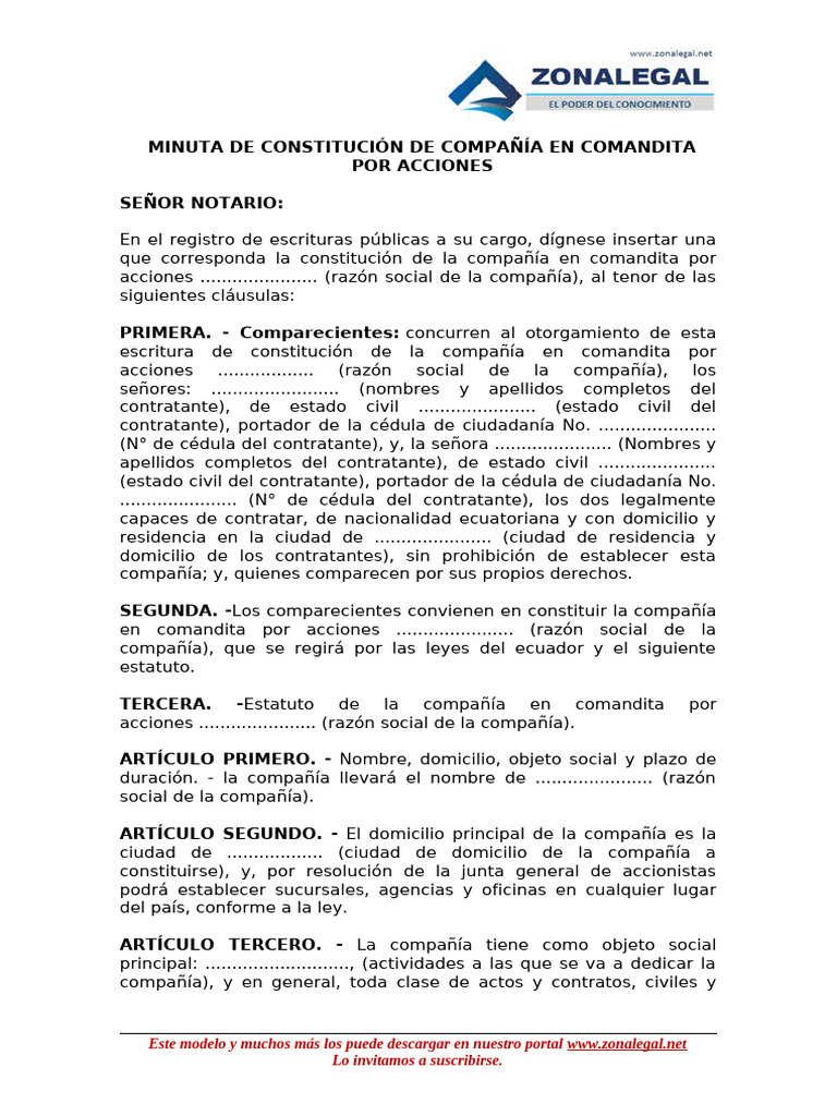 MINUTA DE CONSTITUCION DE COMPANIA EN COMANDITA POR ACCIONES | PDF | Sociedad de responsabilidad ...