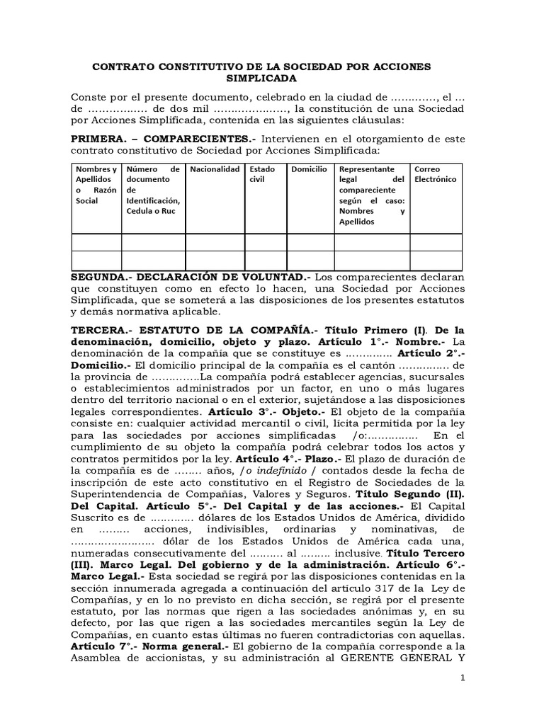 MODELO_CONTRATO_CONSTITUTIVO_SAS (1) | PDF | Gobierno