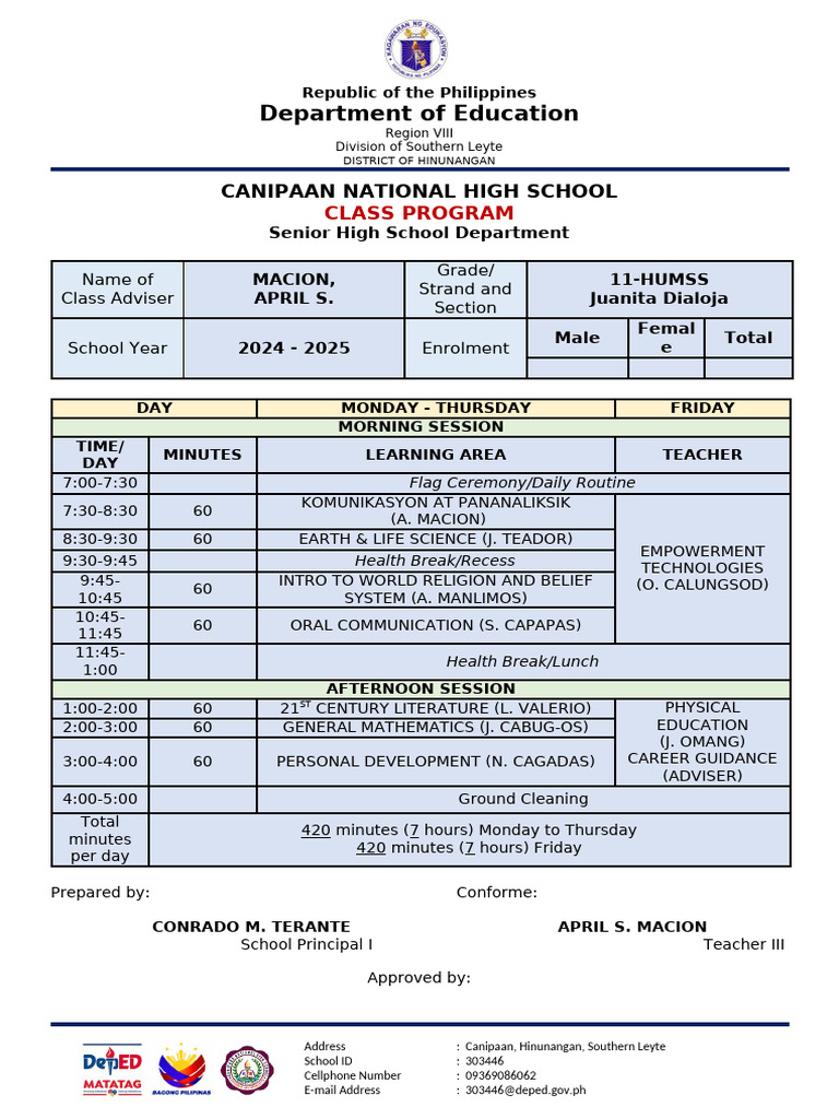 Class Program Senior High | PDF