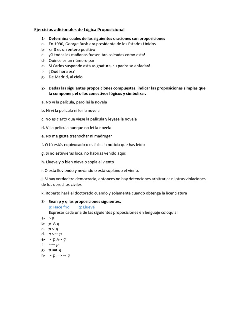 Ejercicios adicionales de Lógica Proposicional | PDF | Proposición | Semiótica