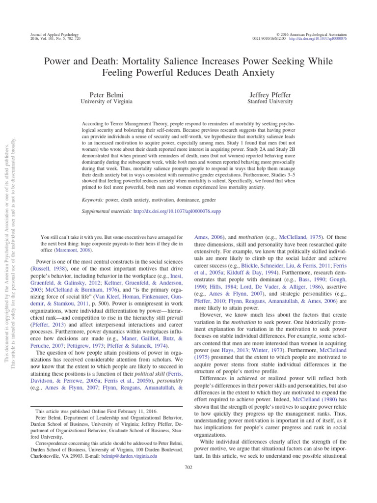 Power Seeking and Death Anxiety Dynamics | PDF | Psychology | Emotions