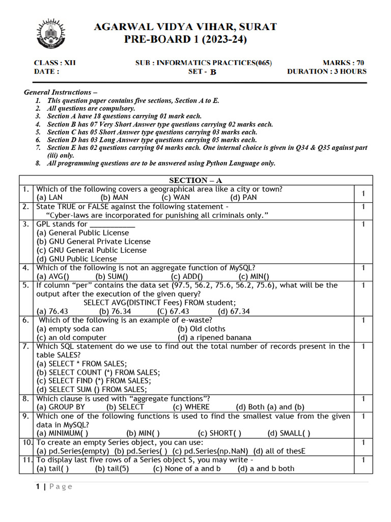 Class 12 Ip Pre Board 1 Set B | PDF | Sql | Computing