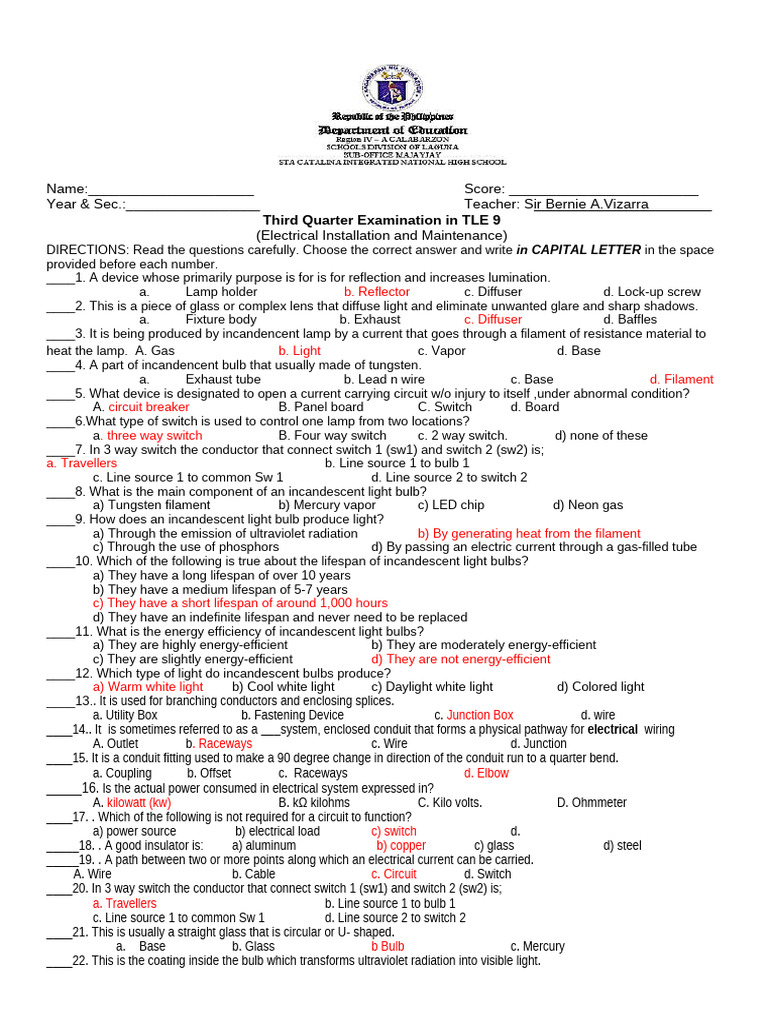 TLE 9 Electrical Exam Questions | PDF | Incandescent Light Bulb | Switch
