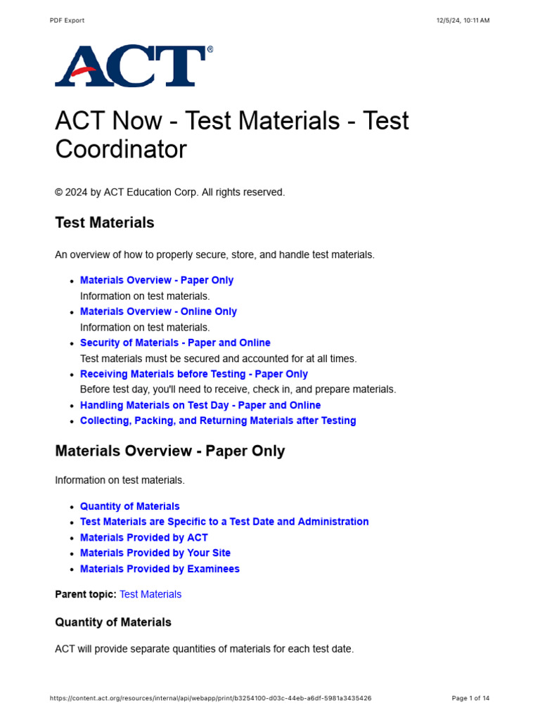 ACT Test Materials Handling Guide | PDF