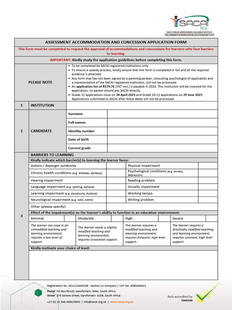 SACAI Assessment Accommodation Form | PDF | Learning | Attention ...