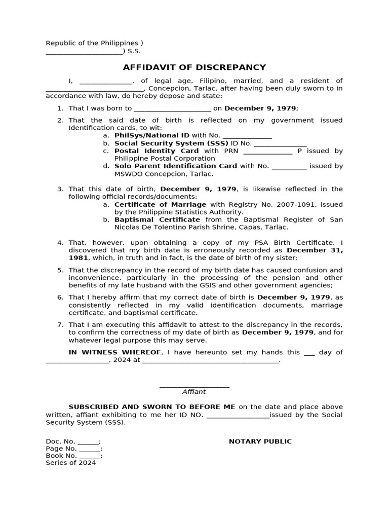 Affidavit of Discrepancy | PDF | Affidavit | Identity Document