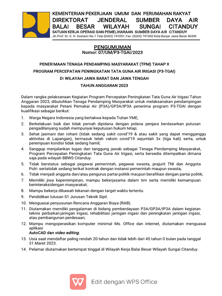 01.PENGUMUMAN REKRUTMEN TPM P3TGAI 2023 Fix | PDF