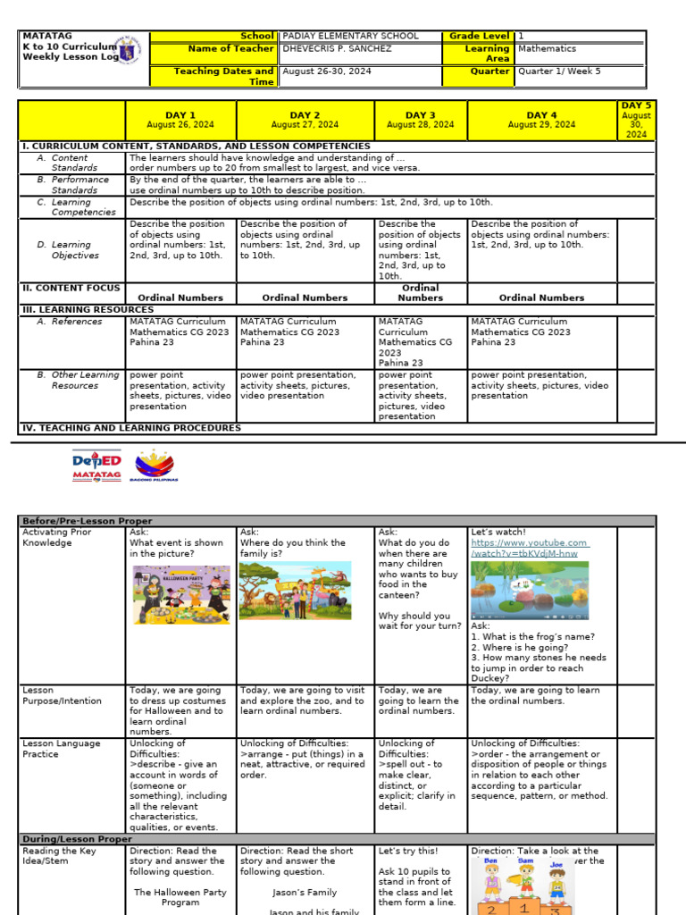 G1-Q1-Dll-Week 5-Mathematic | PDF | Curriculum | Learning