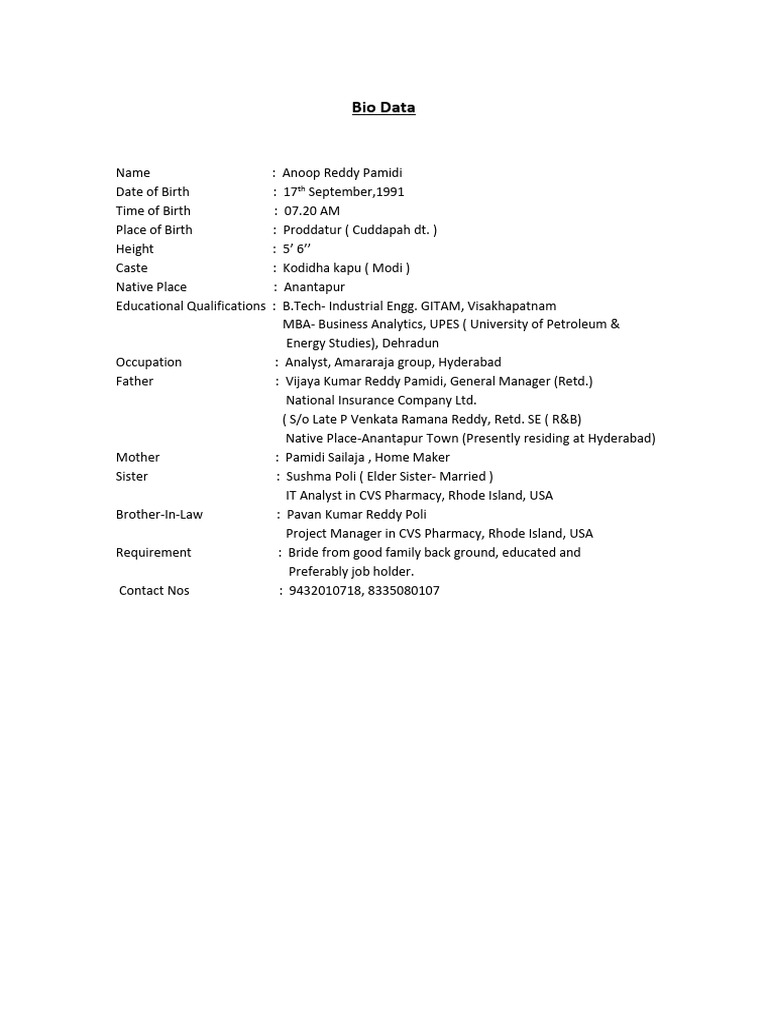 Biodata - Anoop -2 | PDF