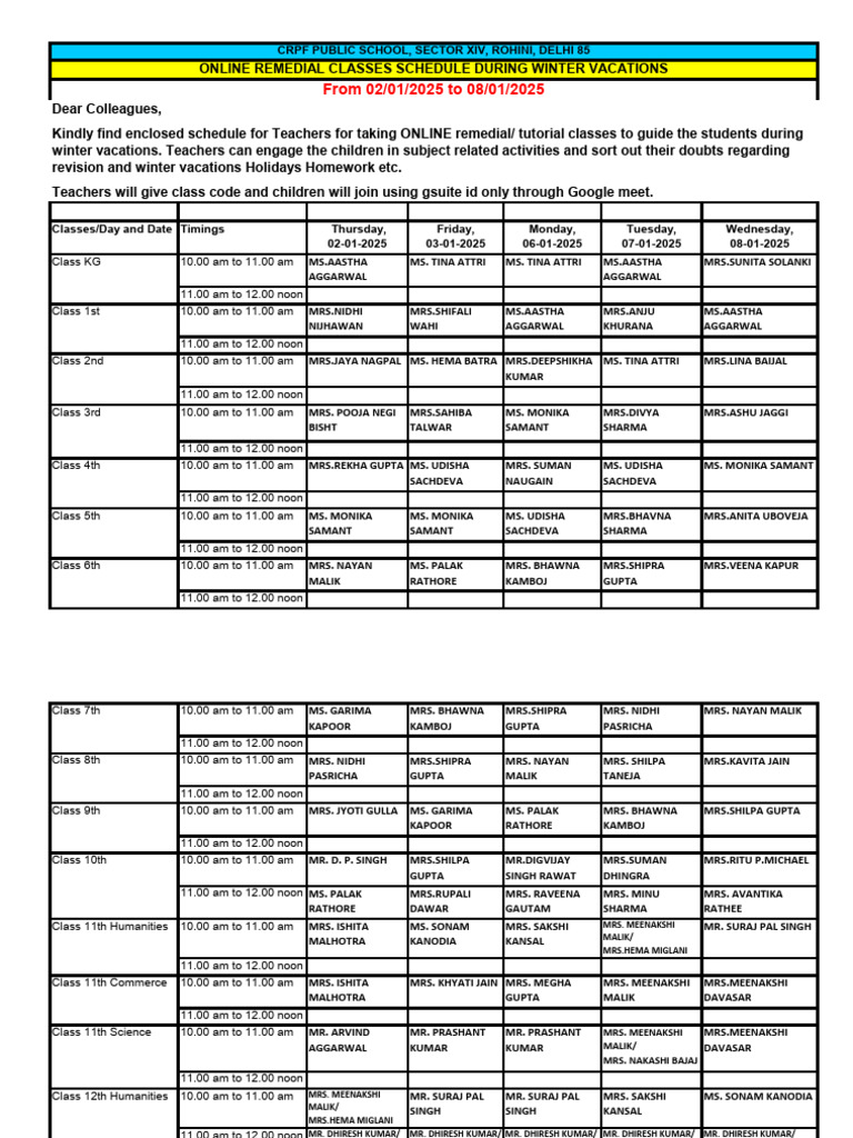 Winter Break Online Classes Schedule From 2 Jan To 8 Jan 2025 | PDF