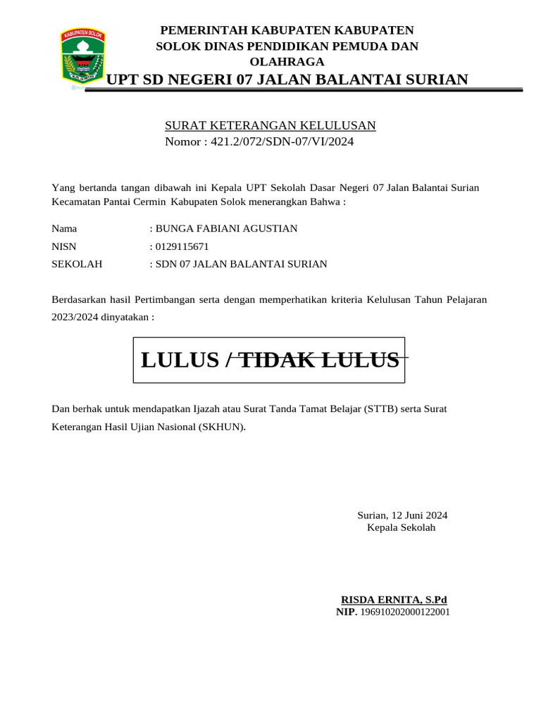 2422 Surat Keterangan Lulus SD Compress | PDF