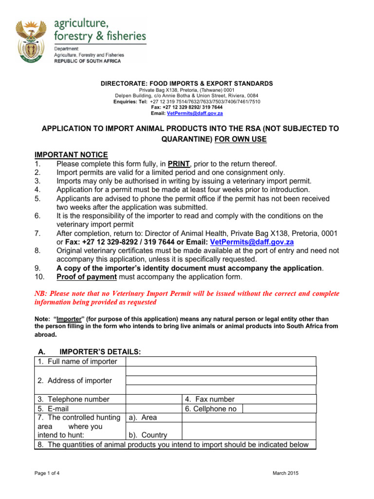 Import Application for Animal Products RSA | PDF | Elephant