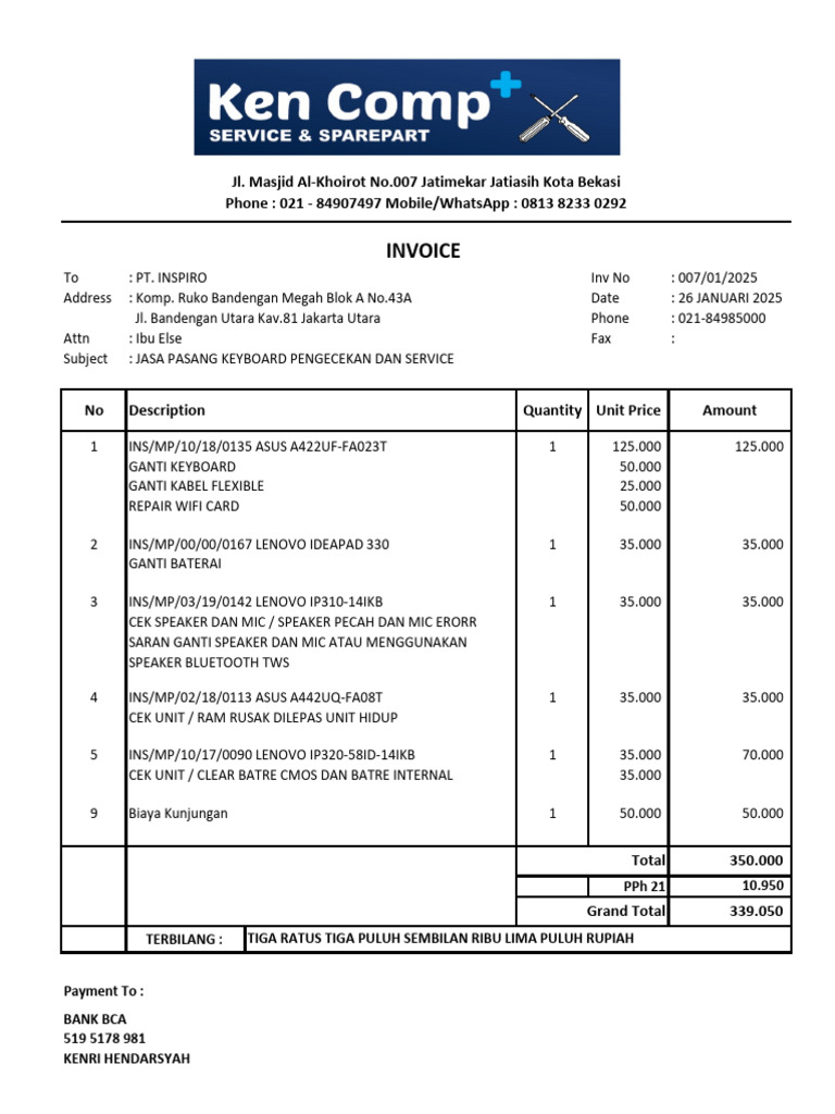 Invoice Ganti Keyboard & Touch Pad 26 Jan 2025 | PDF