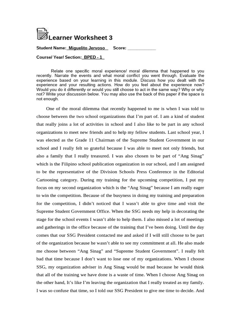 Ethics: LearnerWorksheet3 - Module1 | PDF