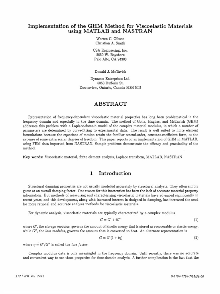Implementation of The GHM Method For Viscoelastic Materials Using MATLAB and NASTRAN - Gibson ...