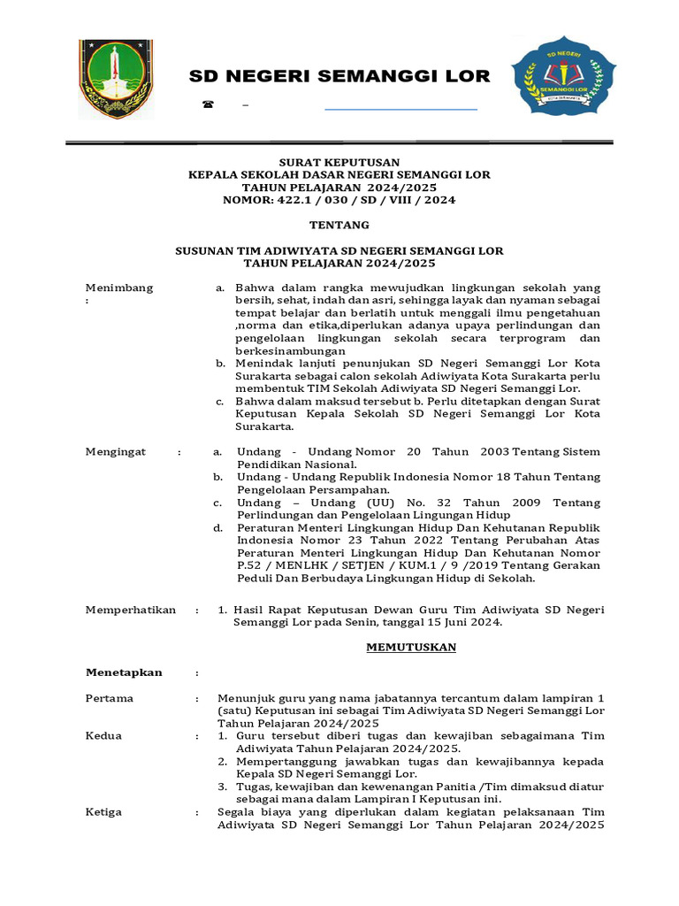 SK Tim Pokja Adiwiyata SDN Semanggi Lor 2024 | PDF