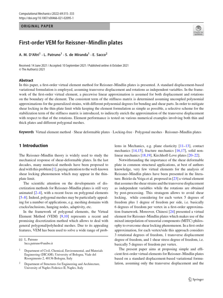 First-Order VEM for Reissner–Mindlin Plates | PDF | Mechanics ...