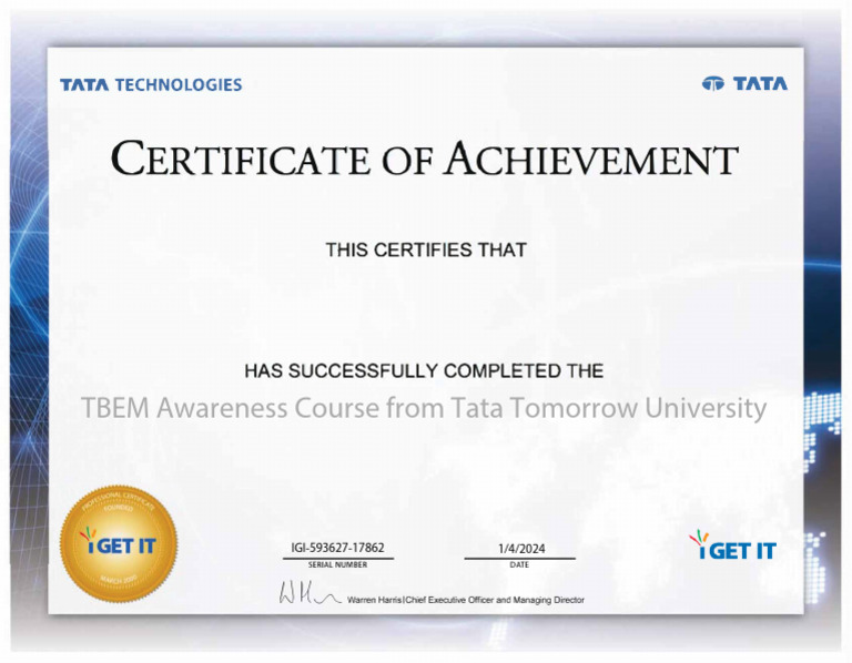 TATA Technologies Course Completion Certificate | PDF