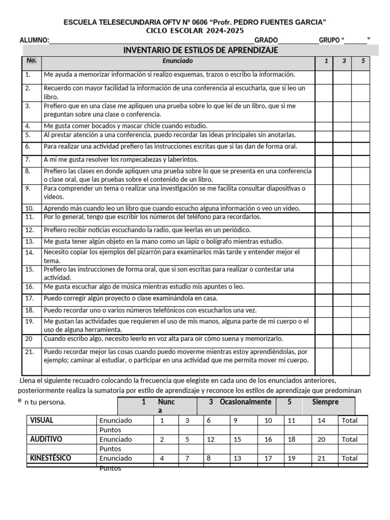 TEST VAK Estilos de Aprendizaje TECNICA 60 | PDF | Aprendizaje