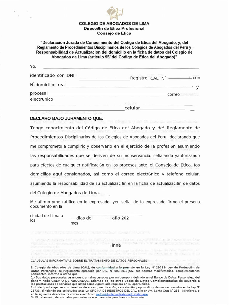 Declaracion Jurada de Conocimiento Del Codigo de Etica y Reglamento | PDF | Justicia | Crimen y ...