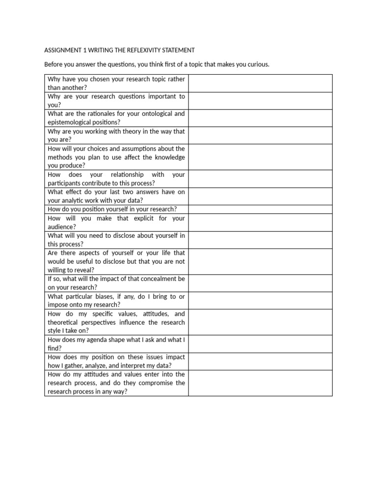 Assignment Reflexivity Statement | PDF