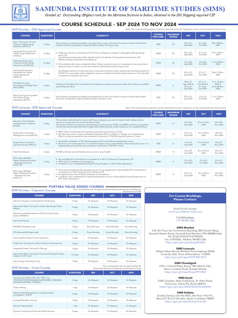 SIMS Maritime Courses Schedule 2024 | PDF | Shipping | Water Transport