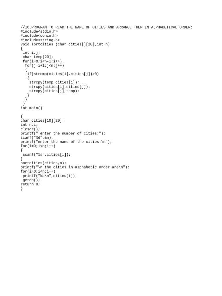 City Sorting Program in C | PDF