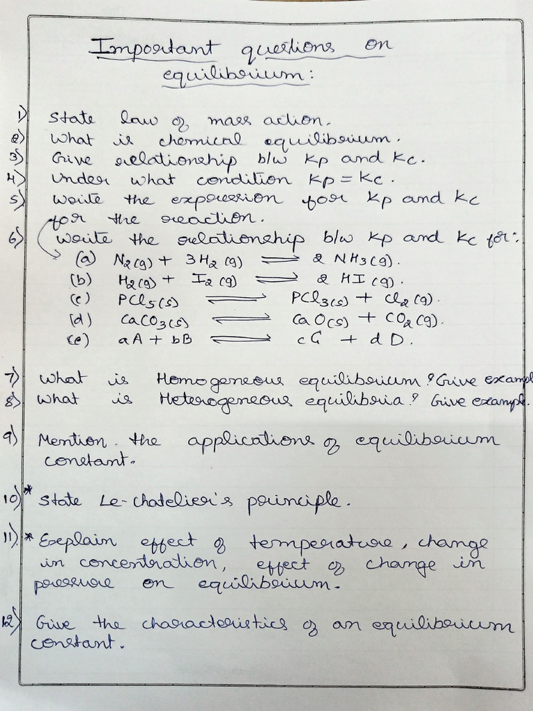 Important Questions On Equilibrium. | PDF