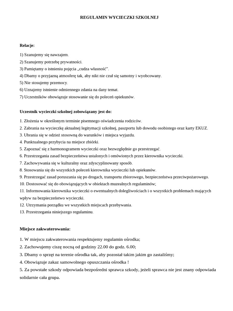 Regulamin Wycieczki Szkolnej | PDF