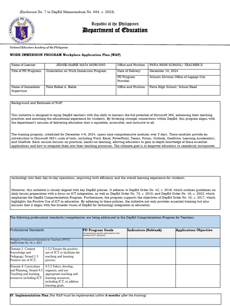 DepEd Workplace Application Plan Overview | PDF | Educational ...