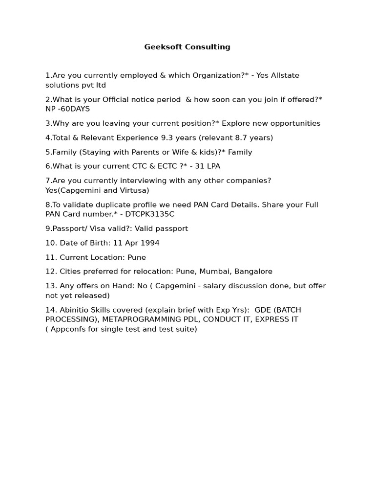 Candidate Profile: Geeksoft Consulting | PDF