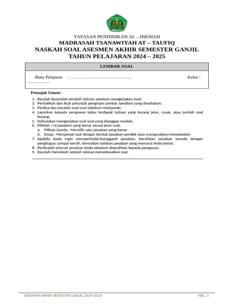 Template Soal ASAS Ganjil 24 25 | PDF