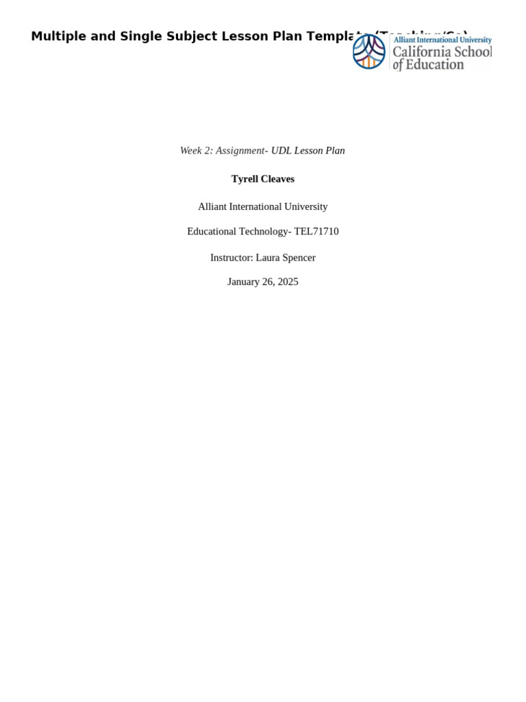 Week 2 - Multiple and Single Subject Lesson Plan Template (Capture The ...