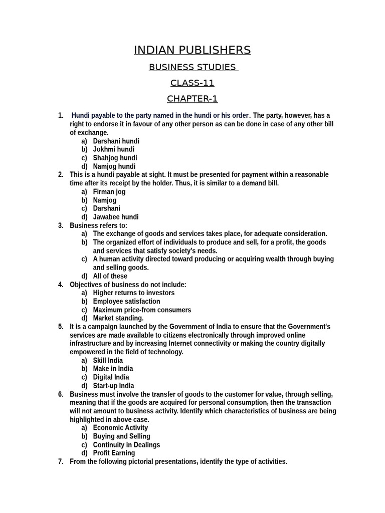 Chapterwise Class 11 BST chp-1 Indian Publishers | PDF | Risk | Employment