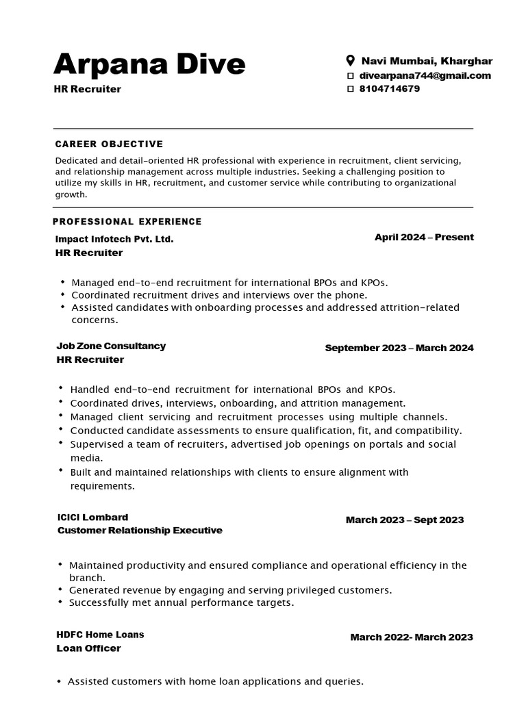 Resume Arpana | PDF | Recruitment | Applied Psychology