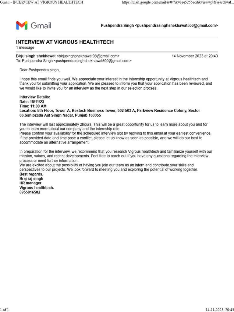 Gmail - INTERVIEW AT VIGROUS HEALTHTECH | PDF