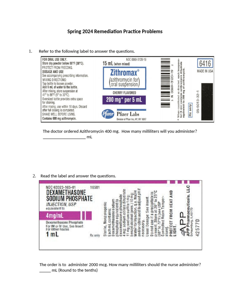 Spring 2024 Remediation Practice Problems | PDF | Intravenous Therapy ...