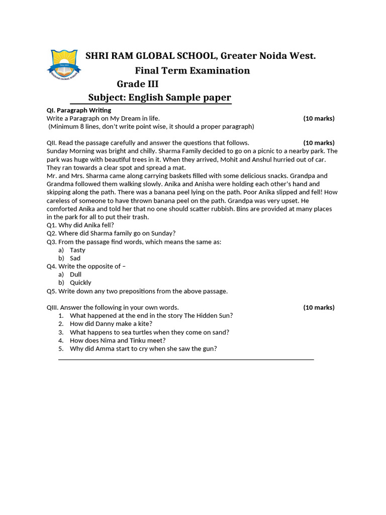 Grade III English Exam Sample Paper | PDF