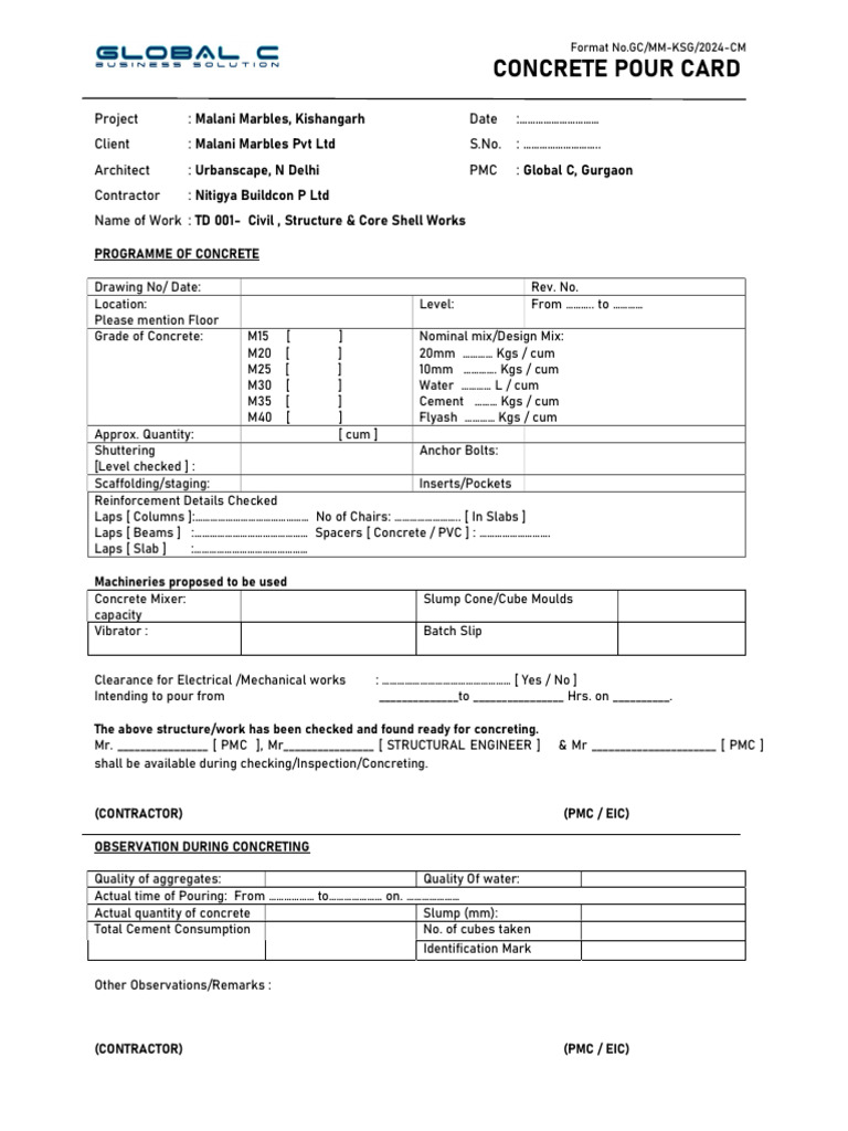 FORMCO - 200 - MM-KSG - Dec2024 - Pour Card | PDF | Concrete | Real Estate