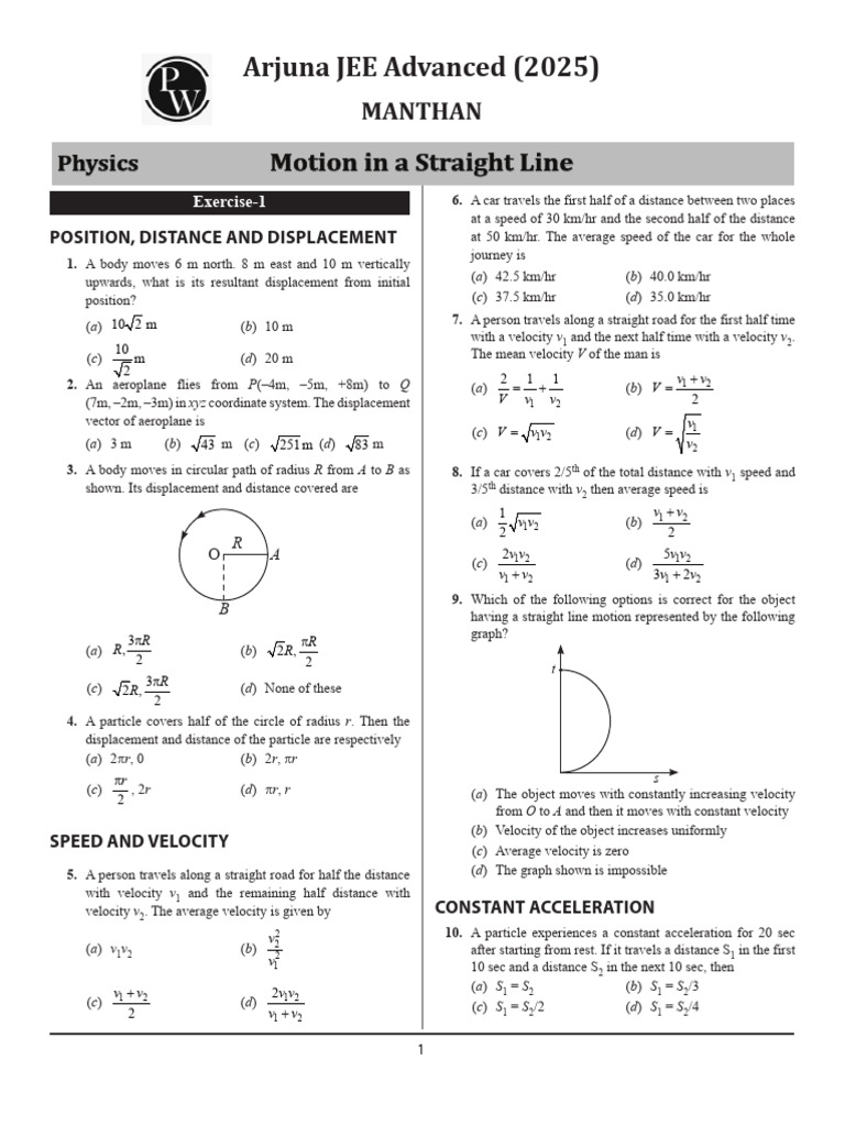 Motion in A Straight Line - JEE Main Practice Sheet - Arjuna JEE 2025 ...