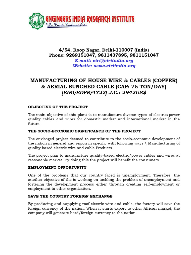 Project Report on MANUFACTURING OF HOUSE WIRE & CABLES (COPPER) & AERIAL BUNCHED CABLE (CAP: 75 ...