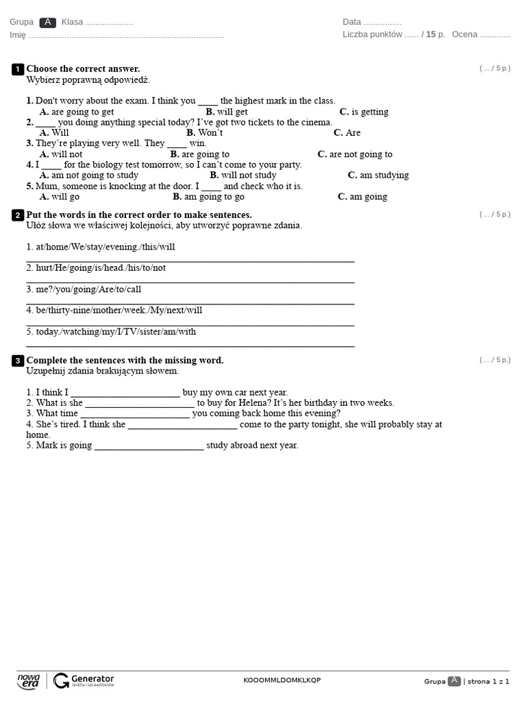 Unit 3 Short Test Grammar - Lesson 2 Test (Z Widoczn Punktacj ) | PDF
