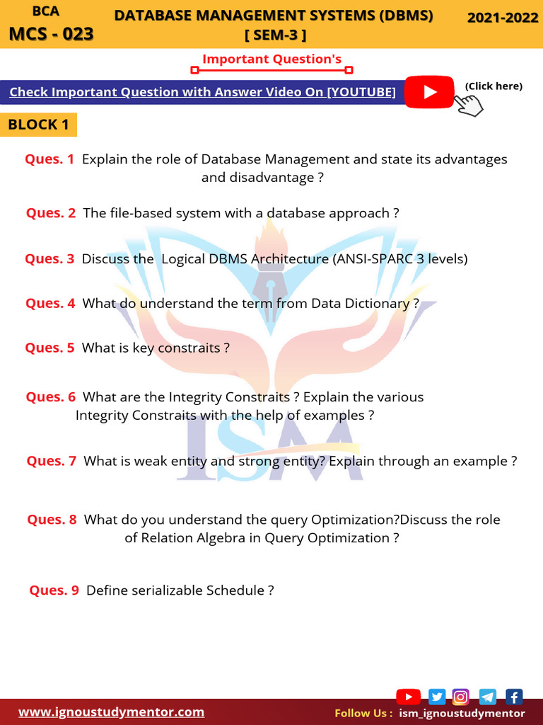 Mcs 23 DBMS Imp Ques PDF I.S.M | PDF | Databases | Database Index