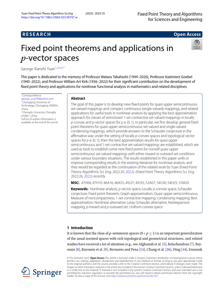 No29 - Yuan - Fixed Point Theorems and Applications in - s13663-023-00747-W - July3Yr2023 | PDF ...