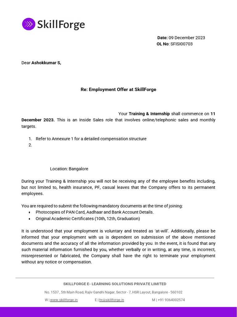 SkillForge Offer Letter Ashokkumar S | PDF | Business